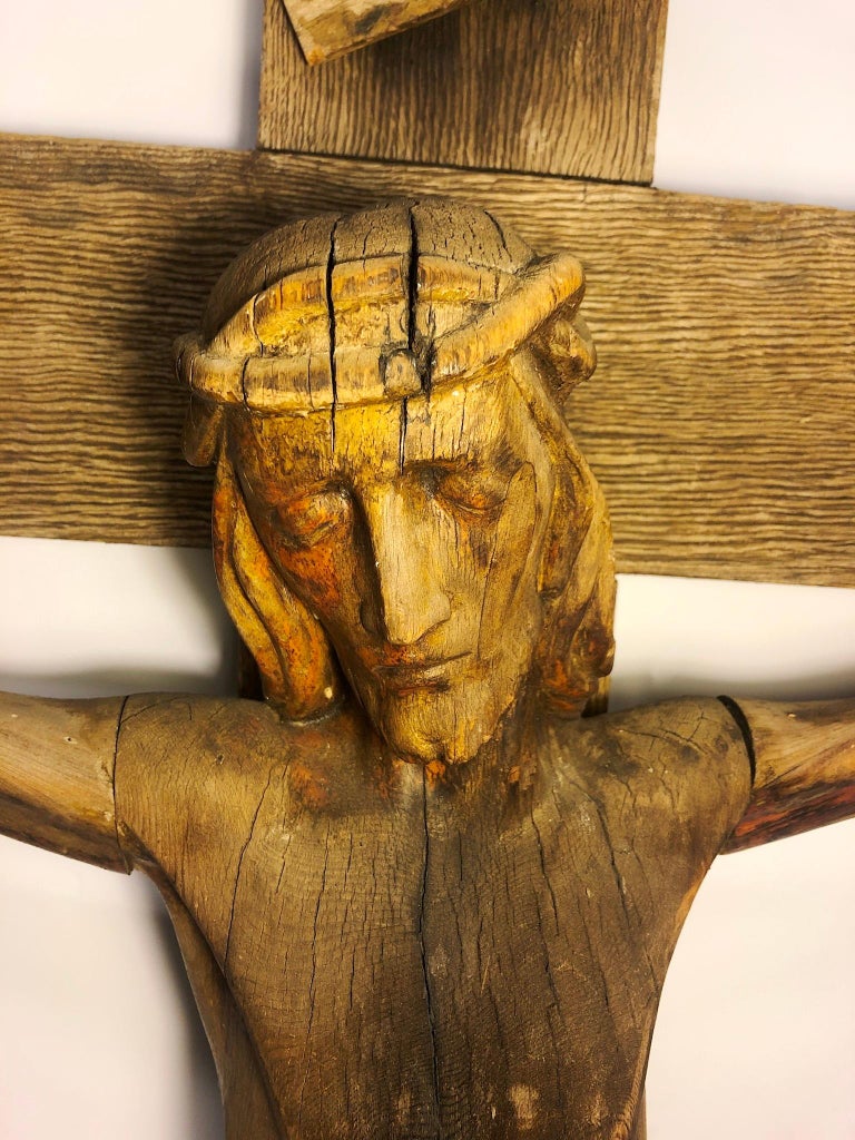 American Art Deco Carved Wood Crucifix Sculpture For Sale at 1stDibs
