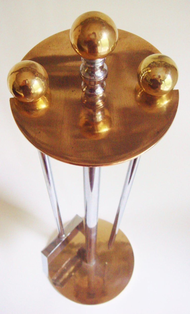 American Art Deco Chrome and Brass Three-Piece Fireside Tool Set at 1stDibs
