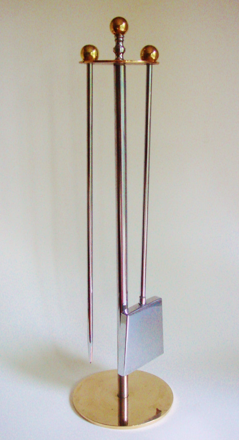American Art Deco Chrome and Brass Three-Piece Fireside Tool Set at 1stDibs
