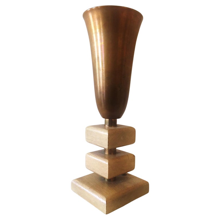 American Art Deco Copper and Limed Wood Geometric Table Torchiere. For ...