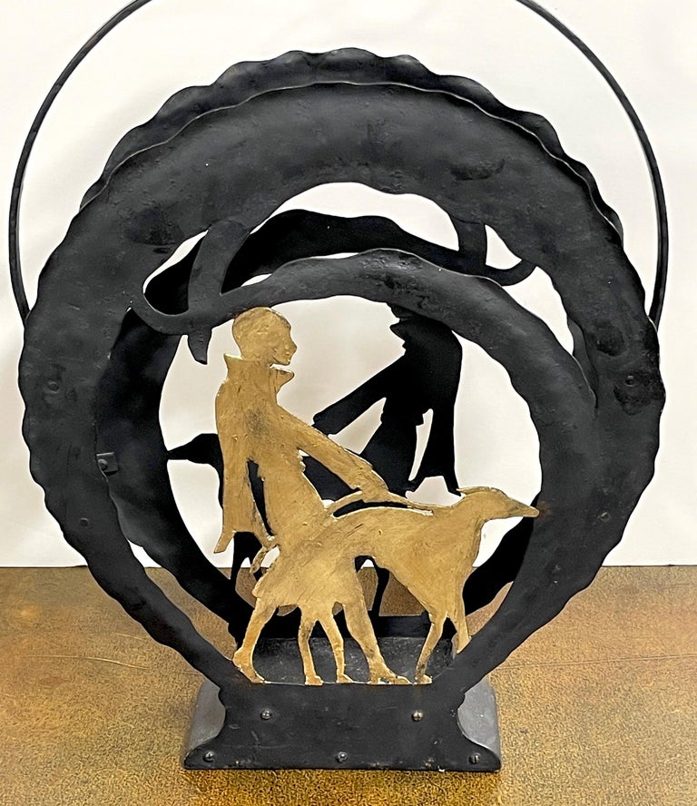 American Art Deco Gilt Iron Flapper Walking Dog Vignette Magazine Rack ...