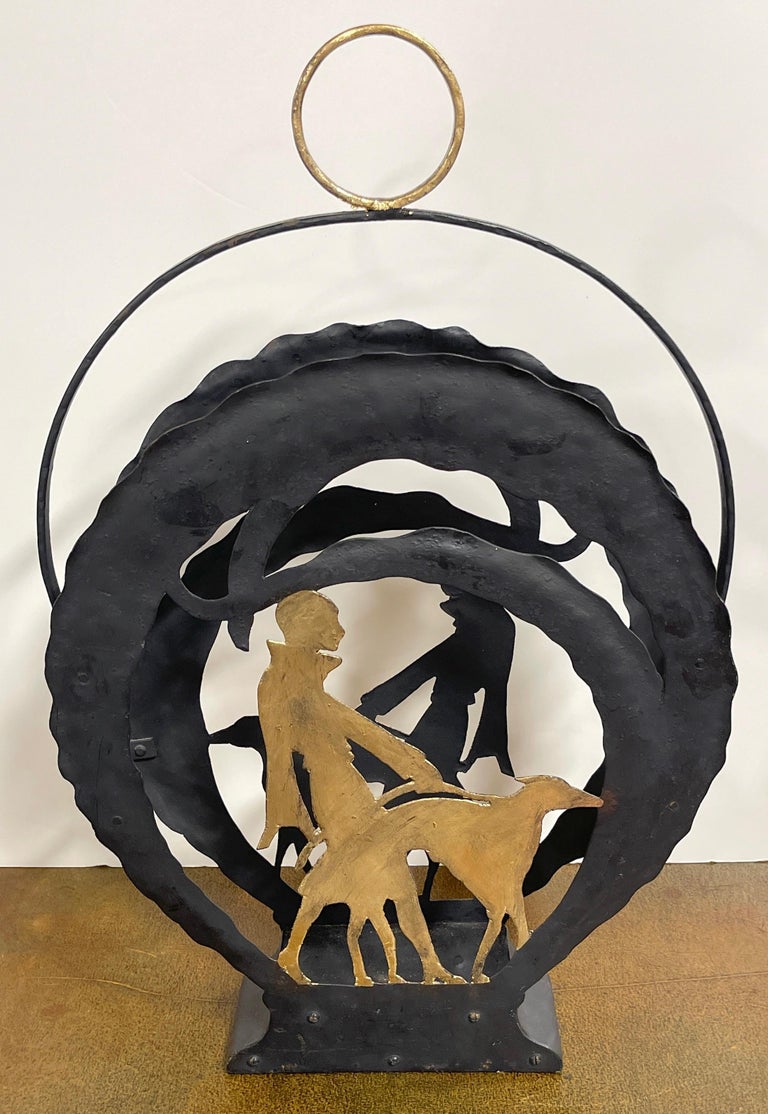 American Art Deco Gilt Iron Flapper Walking Dog Vignette Magazine Rack ...