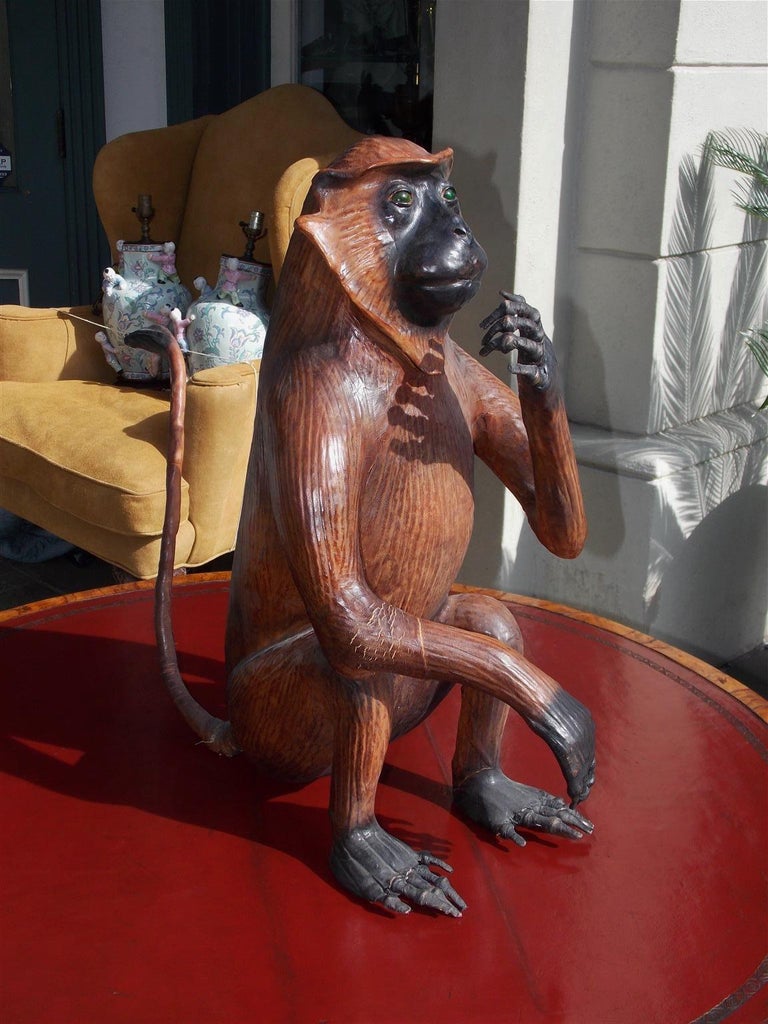 American Art Deco Life-Size Leather Monkey with Green Glass Eyes, 20th ...