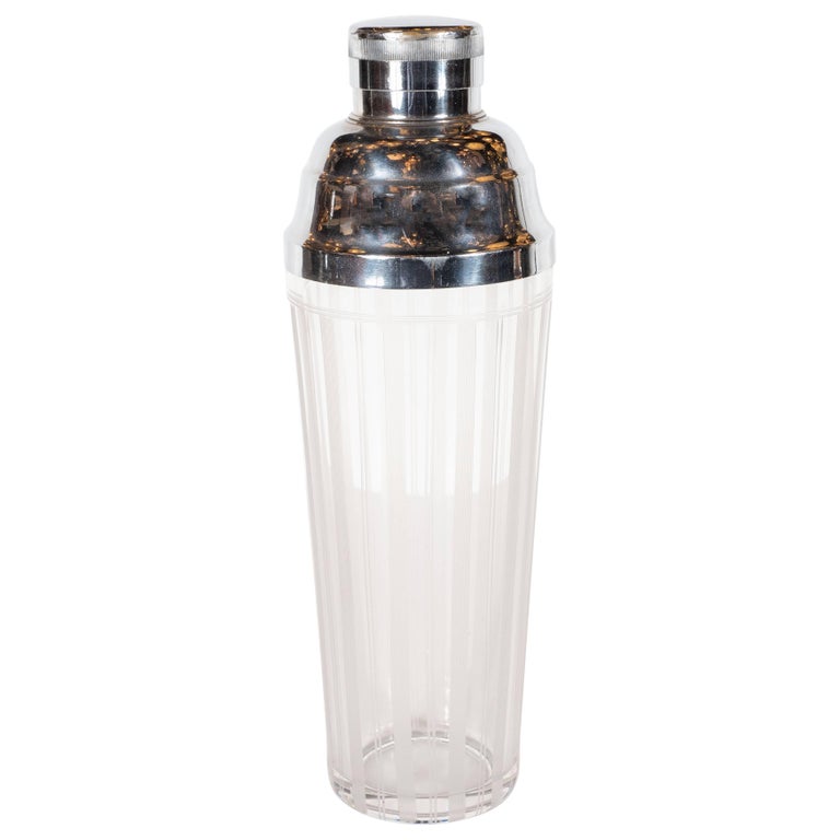 American Art Deco Machine Age Etched Glass and Chrome Cocktail Shaker ...