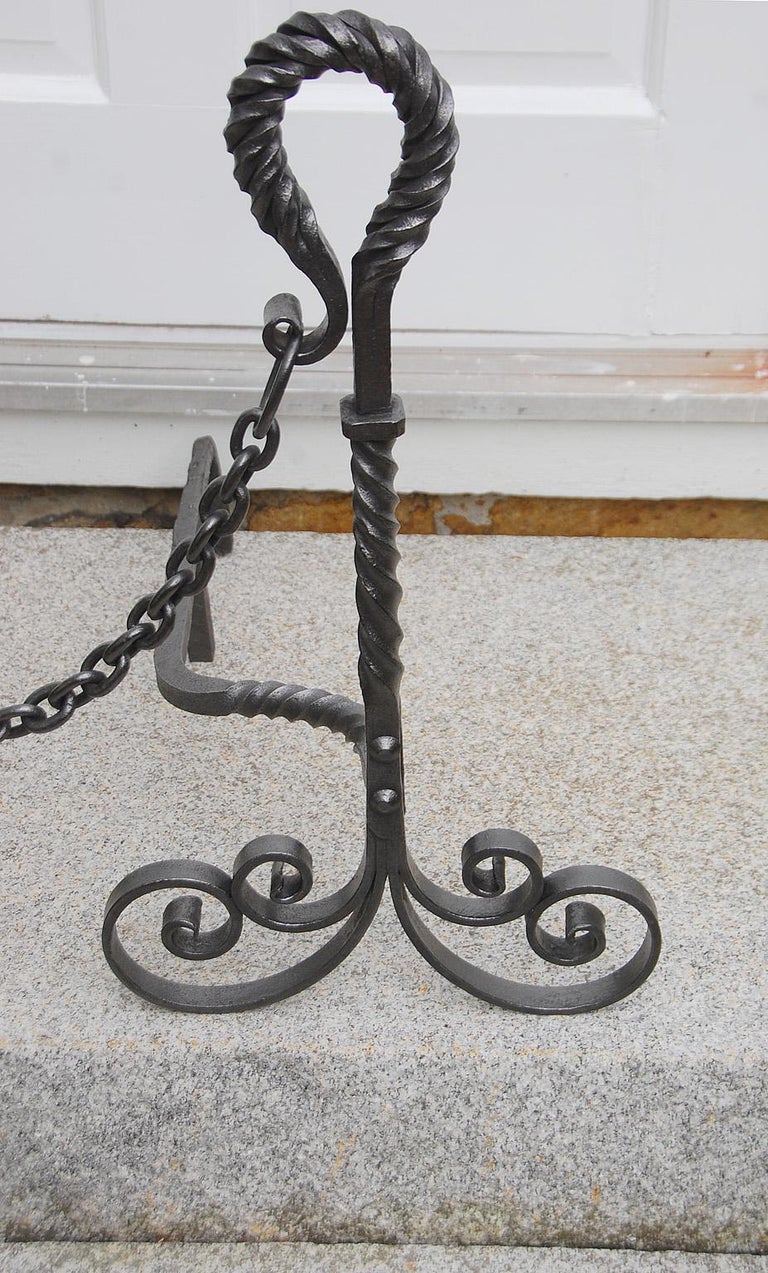 American Arts and Crafts Wrought Iron Andirons with Twist Loop Tops ...