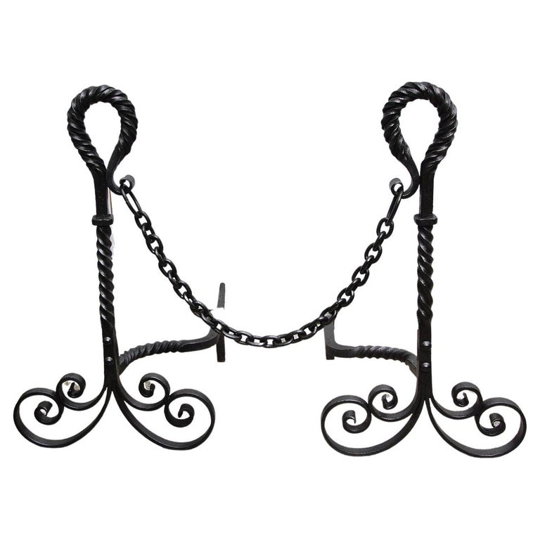 American Arts and Crafts Wrought Iron Andirons with Twist Loop Tops ...