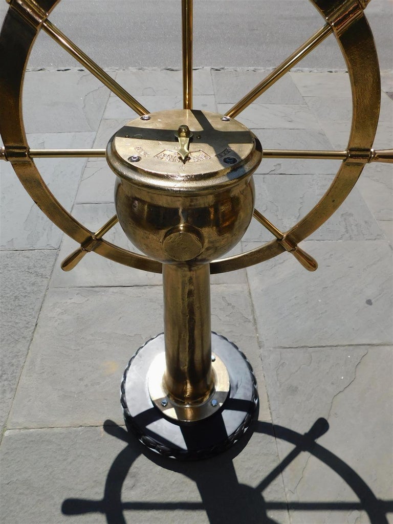 American Brass Nautical Ship Wheel Mounted on Geared Pedestal w/ Rope ...