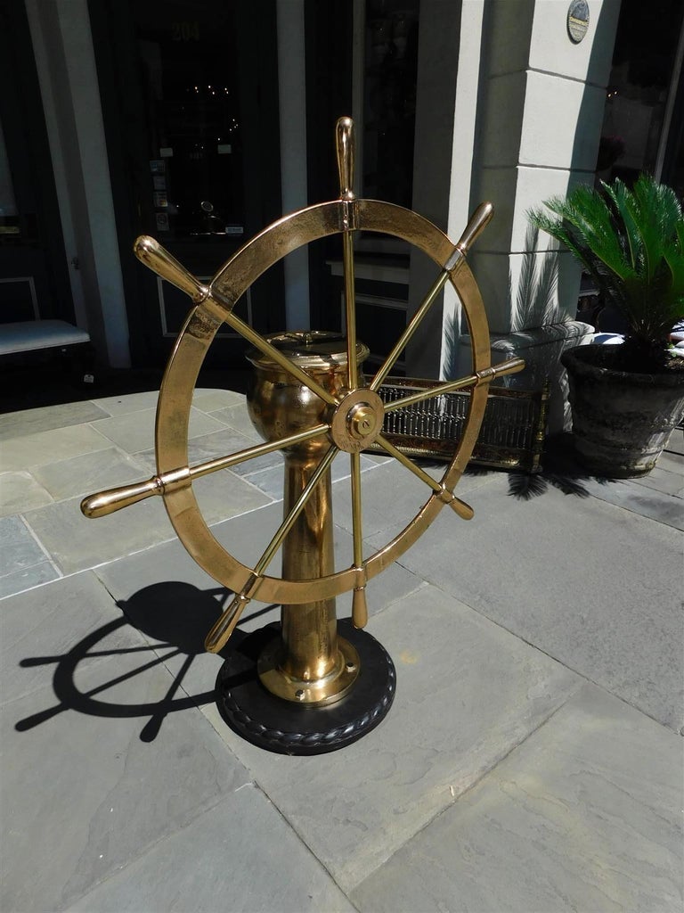 American Brass Nautical Ship Wheel Mounted on Geared Pedestal w/ Rope ...