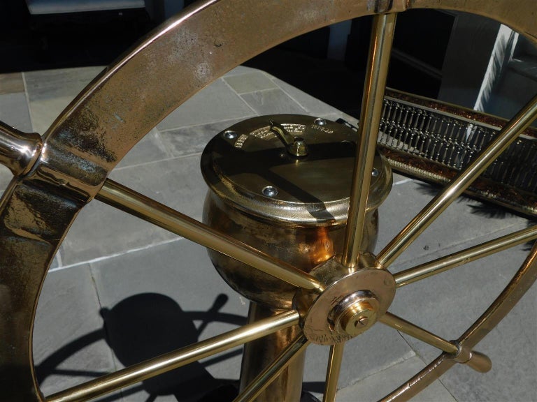 American Brass Nautical Ship Wheel Mounted on Geared Pedestal w/ Rope ...