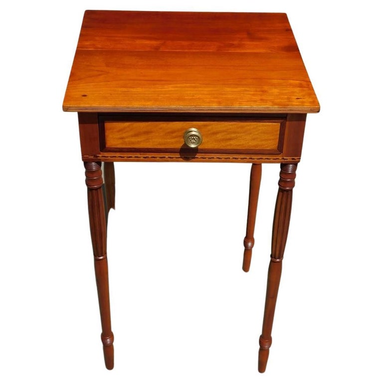 American Cherry and Mahogany One Drawer Inlaid Stand with Reeded Legs ...