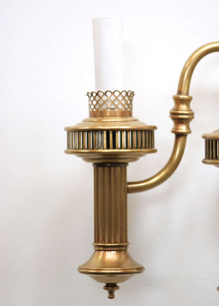 American Colonial Brass Converted Oil Lamp Wall Sconce For Sale at 1stDibs