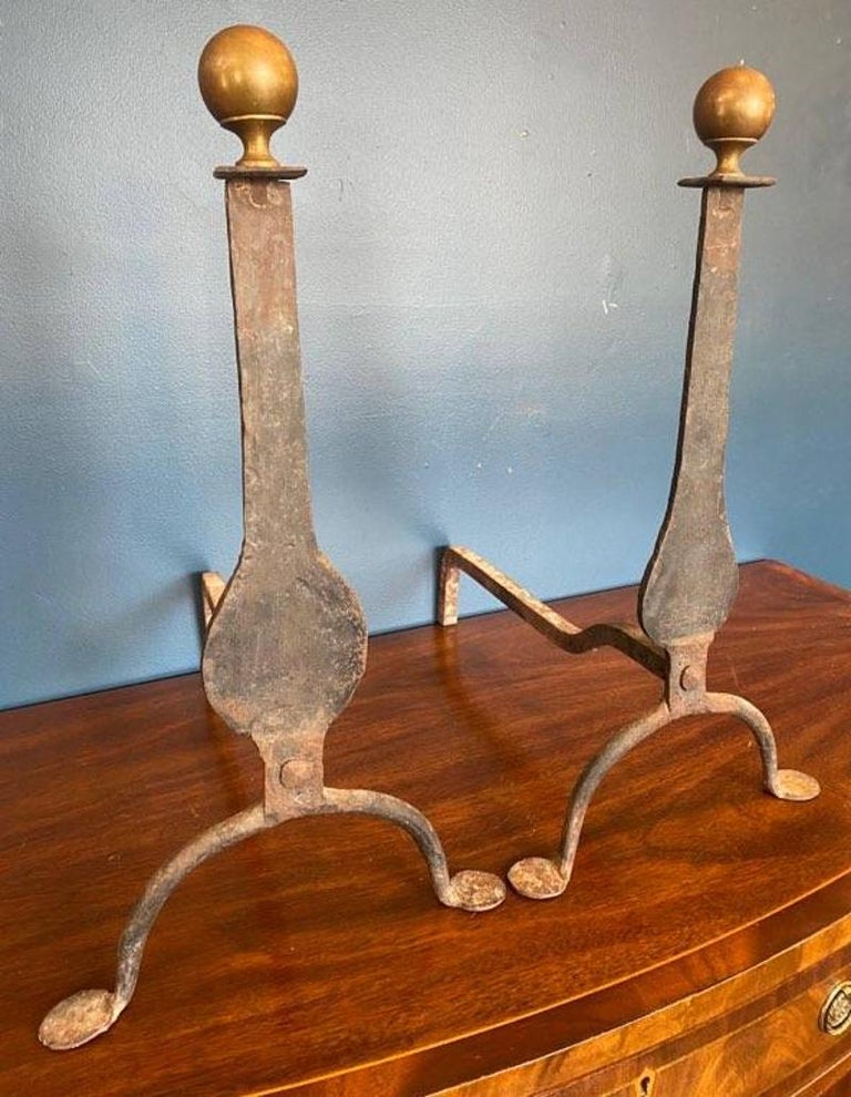 American Colonial Knife Blade Brass and Wrought Iron Fireplace Dogs or ...