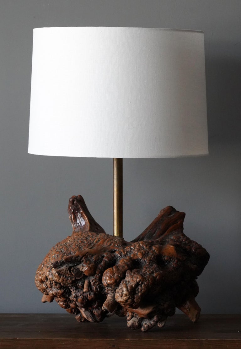 American Craft, Large Organic Table Lamp, Burl Wood, Brass Fabric ...