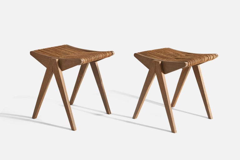 American Designer, Stools, Oak, Jute Cord, USA, 1950s For Sale at 1stDibs