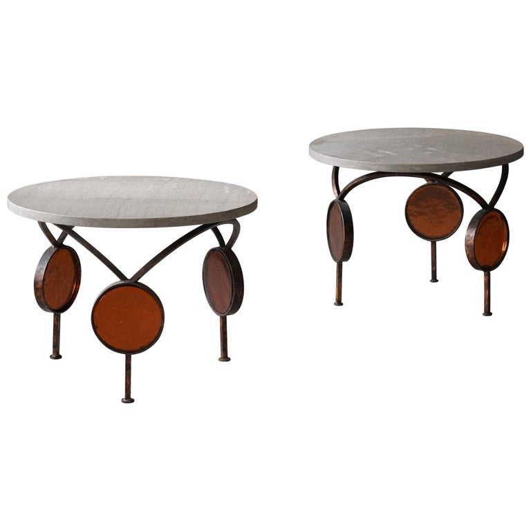 American Designer, Studio Side Tables, Iron, Colored Glass, Slate ...