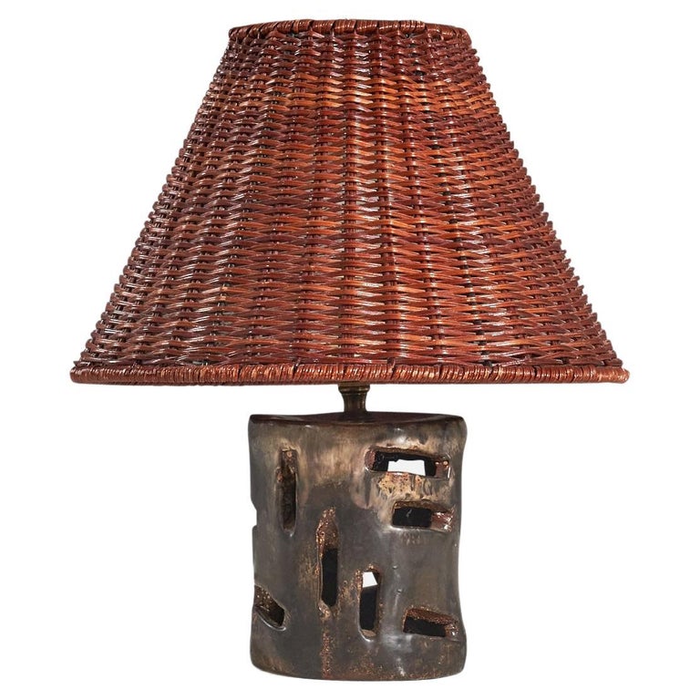 American Designer, Table Lamp, Brown Ceramic, Rattan, United States ...