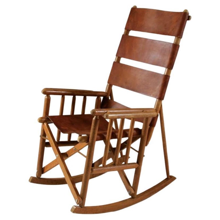 American Foldable Wood and Leather Rocking Chair, 1960s For Sale at 1stDibs