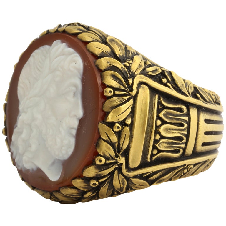 American Gilded Age Classical Hard Stone Cameo Mans Chased Gold Ring ...