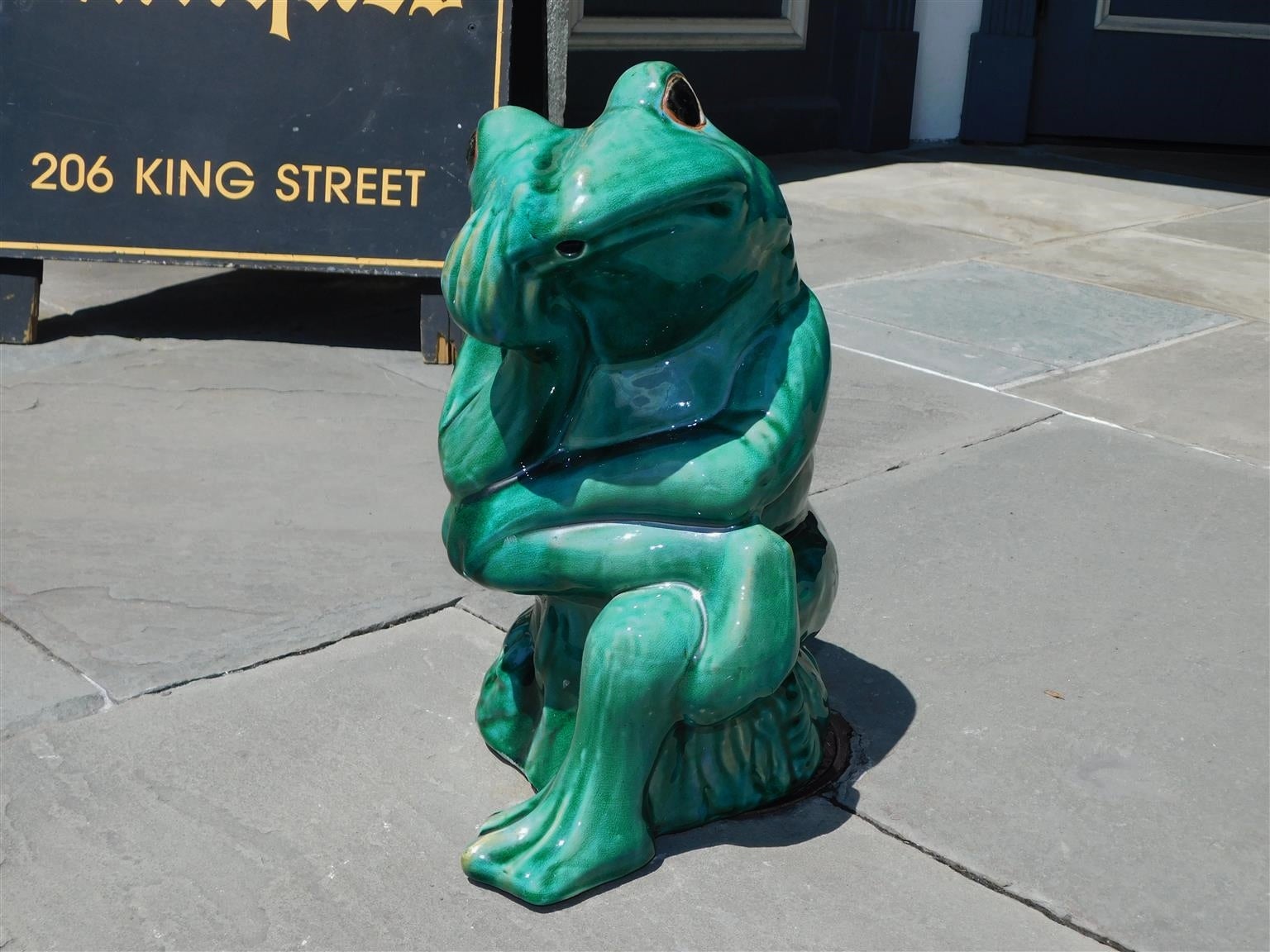 American Glazed Large Porcelain Frog Fountain Sitting and Pondering ...