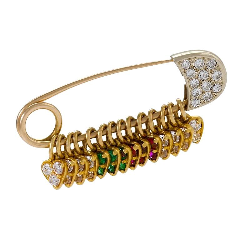 American Gold, Diamond, Ruby and Emerald Safety Pin Brooch For Sale at ...