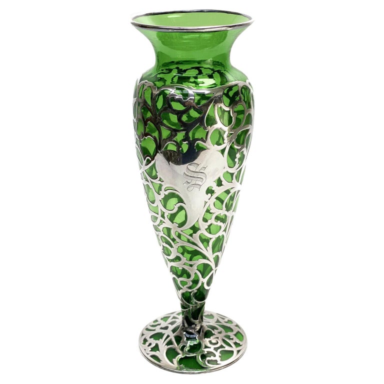 American Green Glass Silver Overlay Footed 12 Inch Vase, circa 1900 For ...