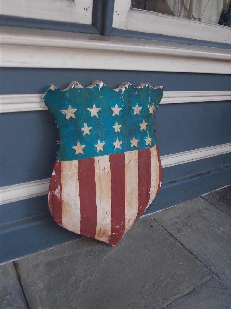 American Hand Carved and Painted Patriotic Shield with Raised Stars. C ...