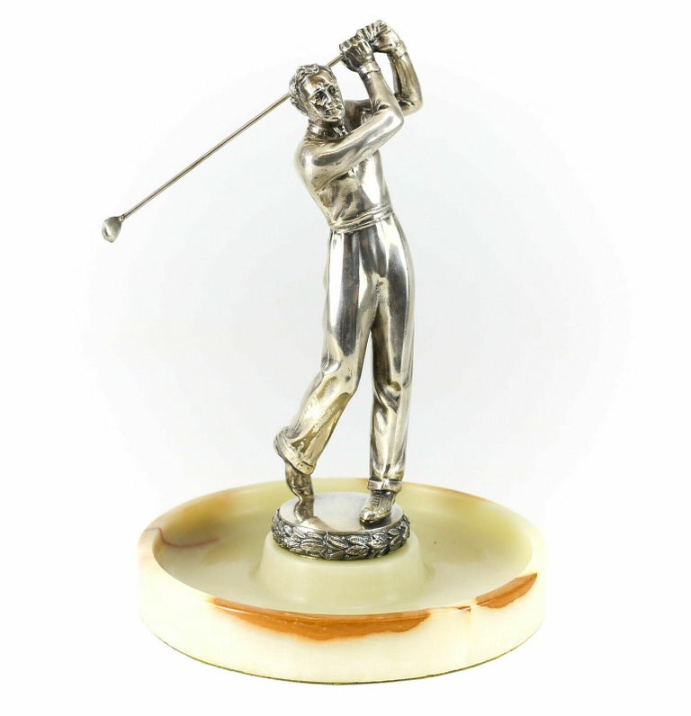 American Hand Chased Silverplate Golf Figurine Desk Caddy Marble Base ...