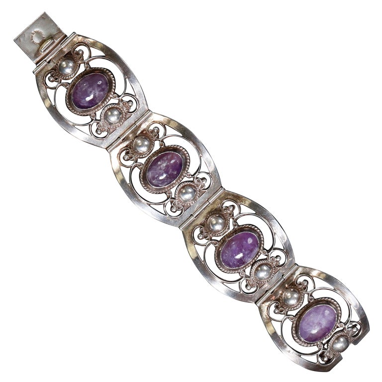 American Indian Navajo Sterling Silver and Amethyst Link Bracelet, 20th ...