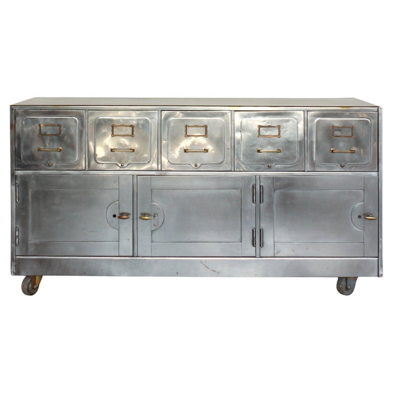 American Industrial Stainless Steel and Brass Filing Cabinet at 1stDibs