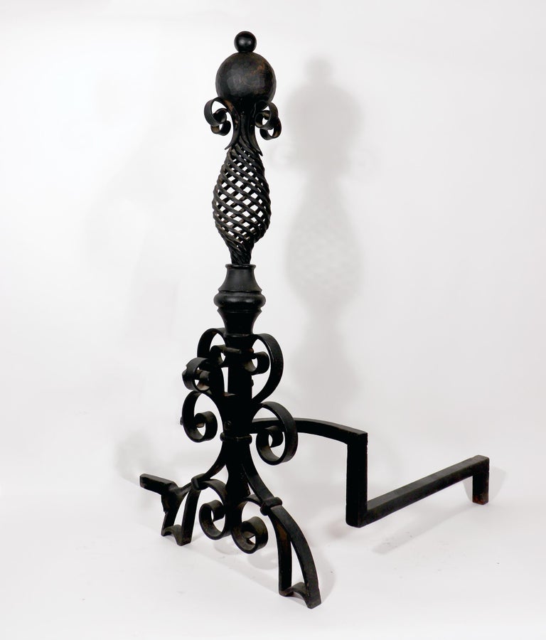 American Large Arts and Crafts Pair of Wrought-Iron Andirons For Sale ...