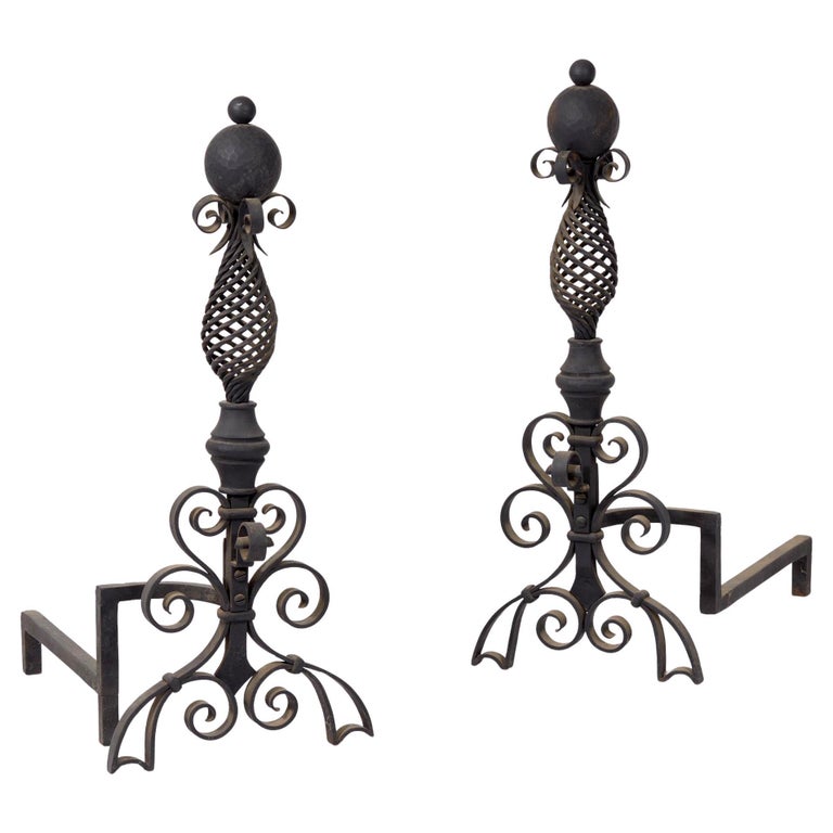 American Large Arts and Crafts Pair of Wrought-Iron Andirons For Sale ...