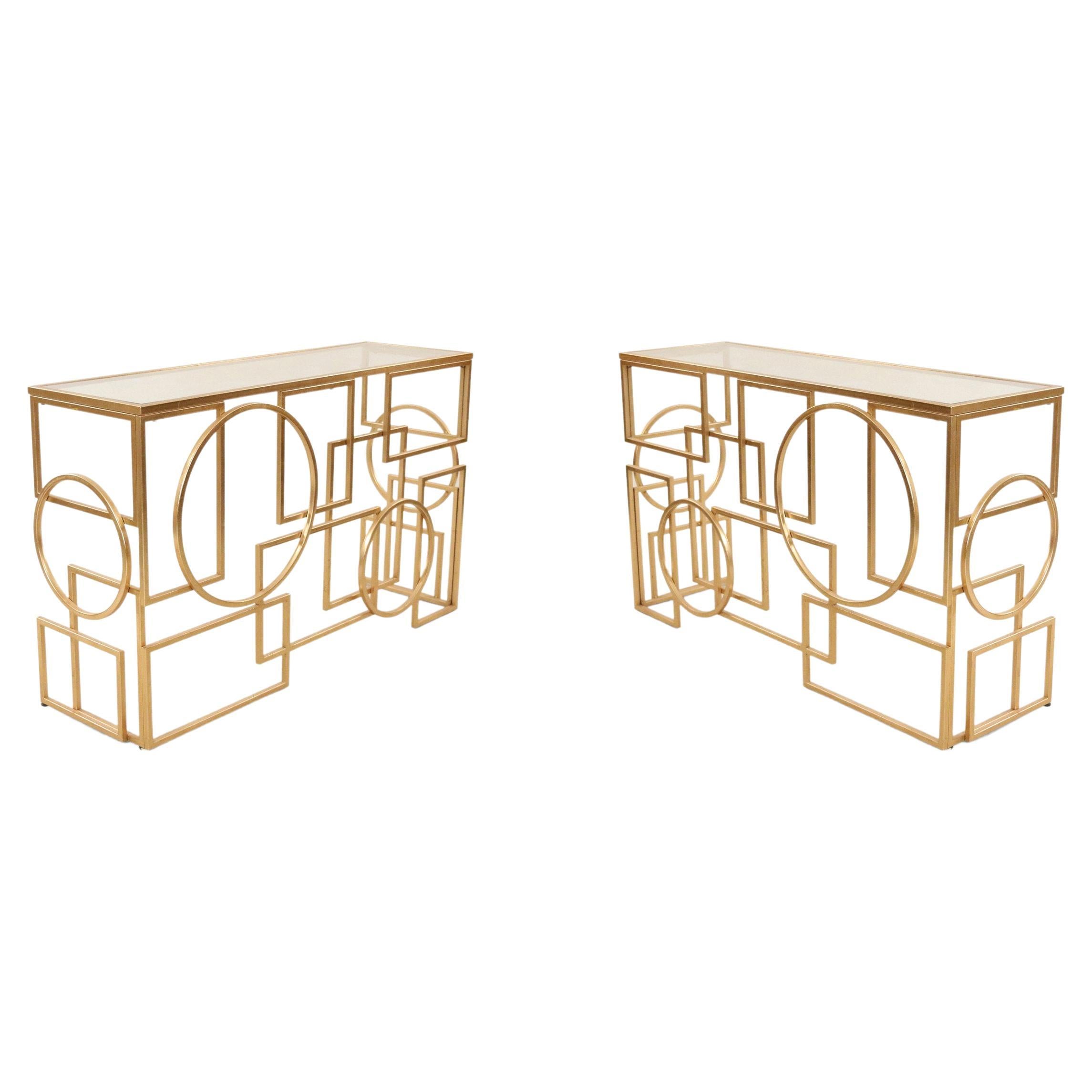 American Mid-Century Gilt Metal and Glass Geometric Console Table For ...