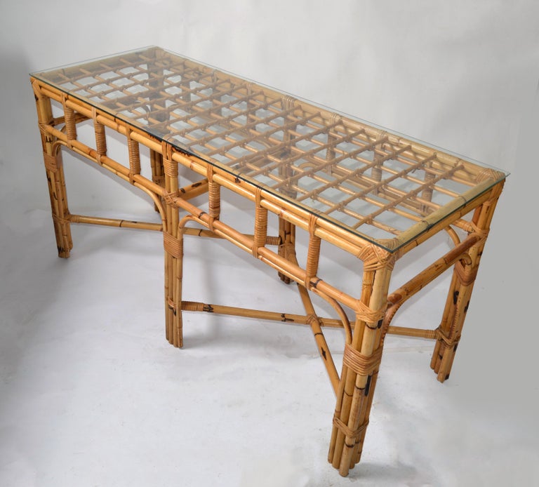 American Mid-Century Modern 6 Legs Bent Bamboo and Rattan Glass Top Console Table For Sale at ...