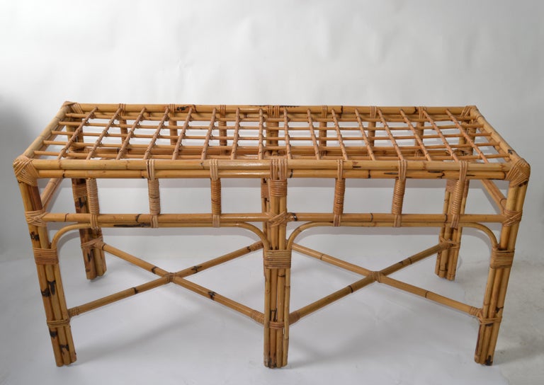 American Mid-Century Modern 6 Legs Bent Bamboo and Rattan Glass Top ...