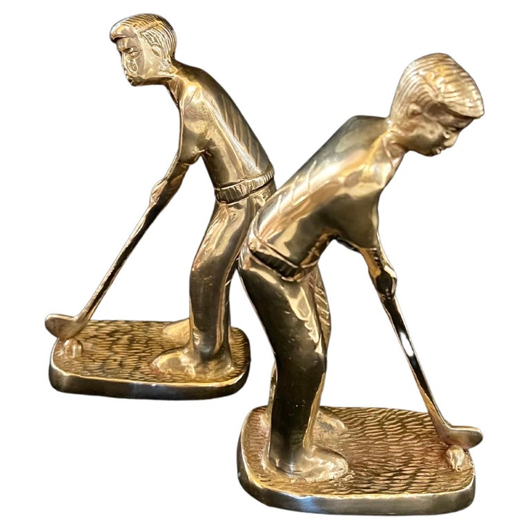 American Mid-Century Modern Pair of Polished Brass Golfer Bookends For ...