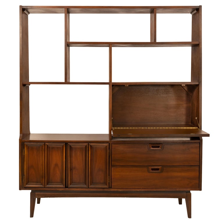 American Mid-Century Modern Walnut Room Divider Bar Desk Buffet Hutch ...