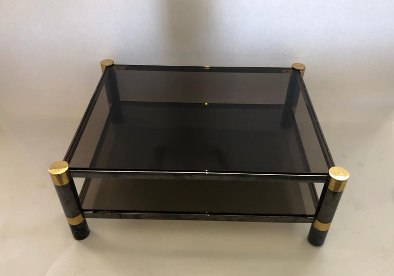 American Modern Gun Metal and Brass, Smoked Glass Coffee Table, Karl ...