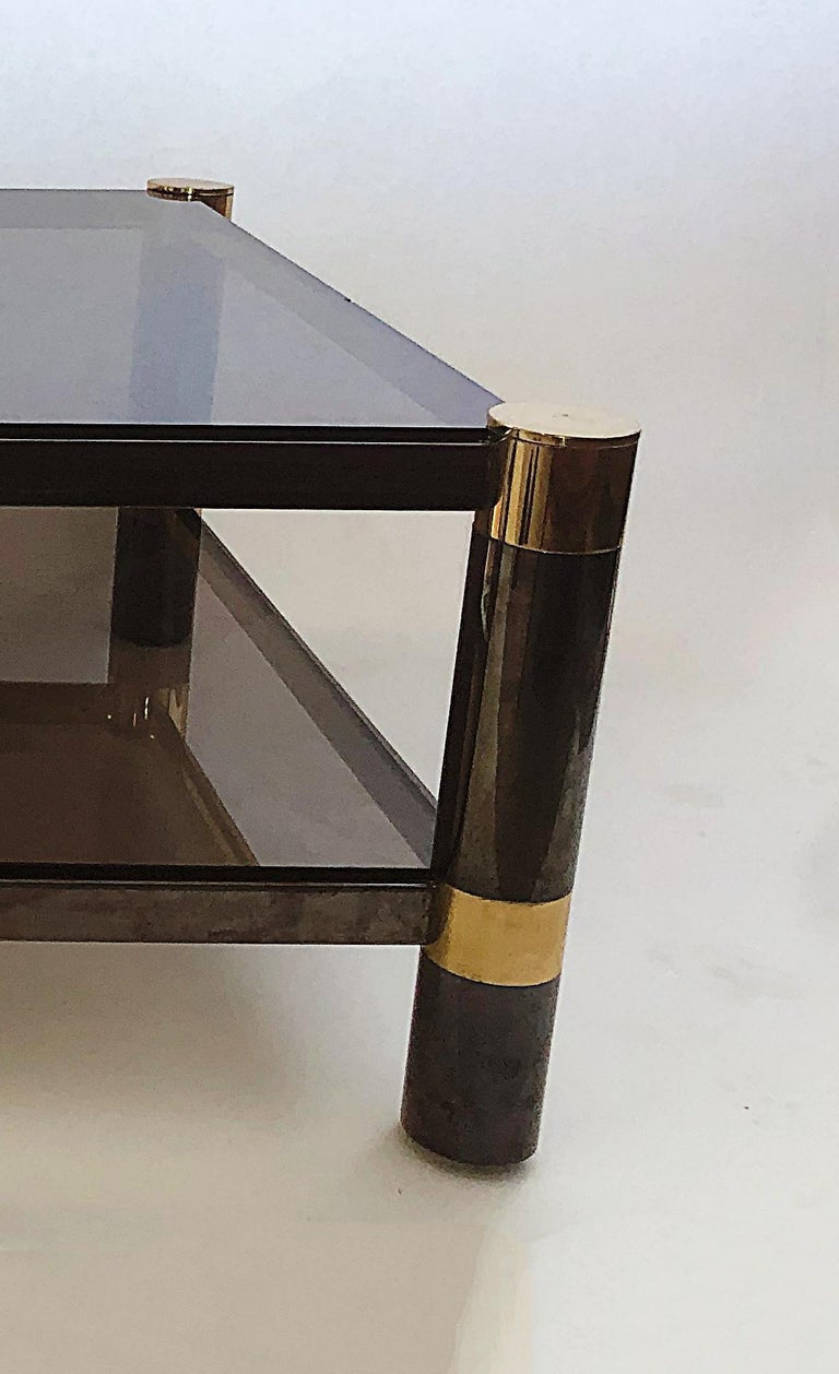 American Modern Gun Metal and Brass, Smoked Glass Coffee Table, Karl ...