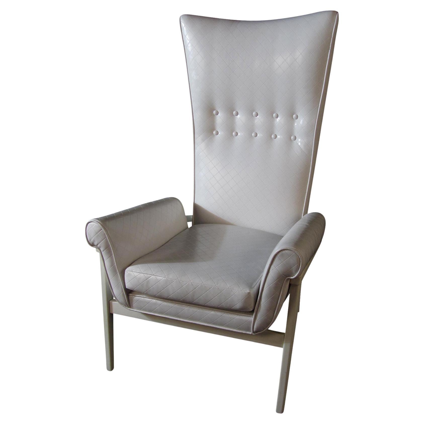 Pair High Back Button-Tufted White Linen Lounge Chairs at 1stDibs