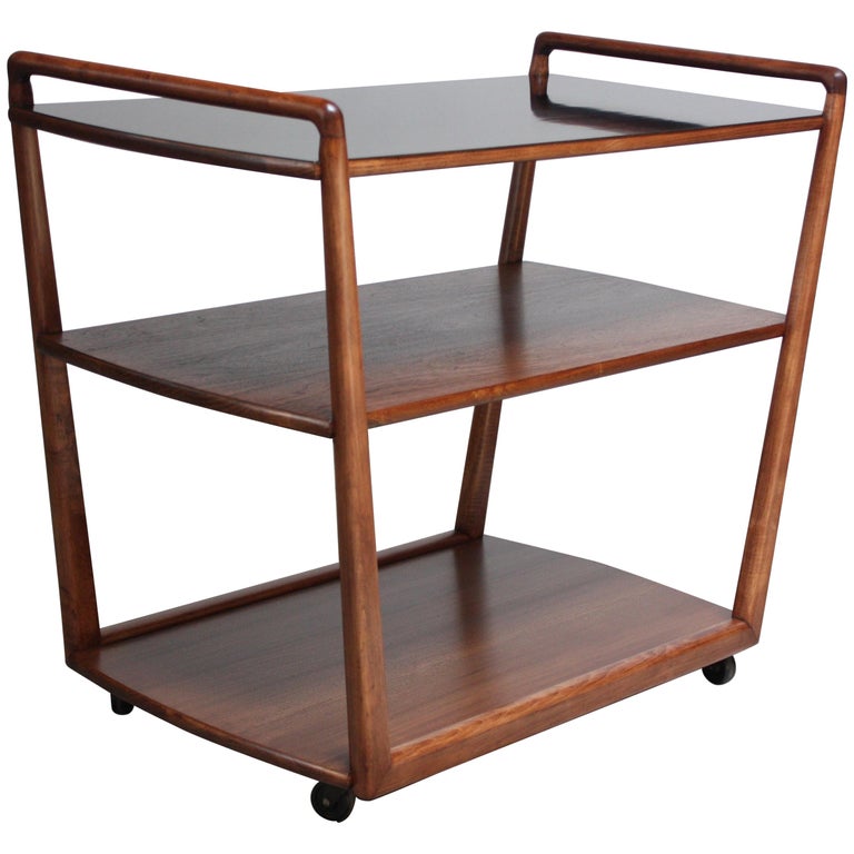 American Modern Walnut Three-Tier Rolling Bar / Tea Cart with Ebonized ...