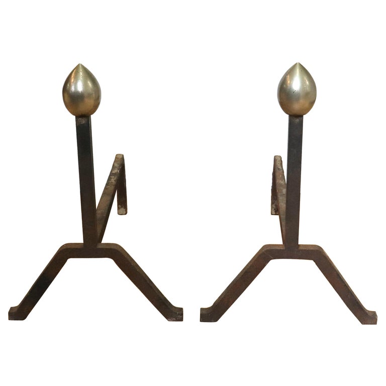 American Modernist Andirons in Steel and Iron For Sale at 1stDibs