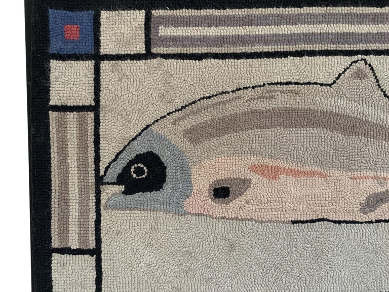 American Pictorial Fish Hand Hooked Rug, Mounted For Sale at 1stDibs