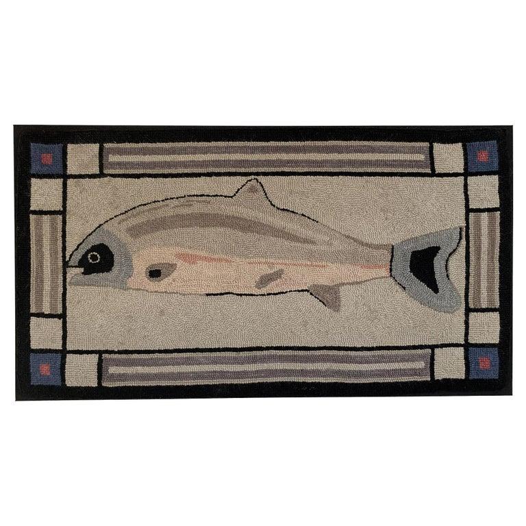 American Pictorial Fish Hand Hooked Rug, Mounted For Sale at 1stDibs