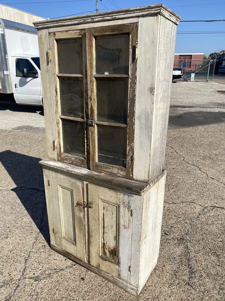 American Primitive Country White Distress Painted Pantry Cupboard Hutch ...