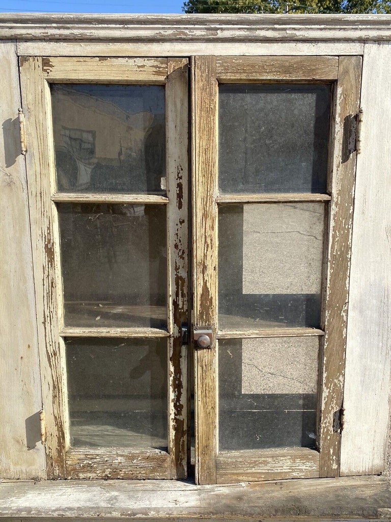 American Primitive Country White Distress Painted Pantry Cupboard Hutch ...