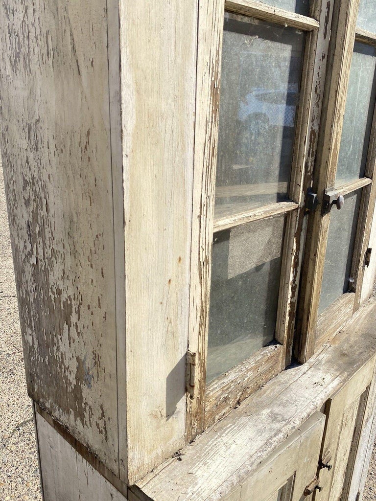 American Primitive Country White Distress Painted Pantry Cupboard Hutch ...