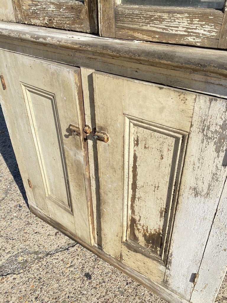 American Primitive Country White Distress Painted Pantry Cupboard Hutch ...