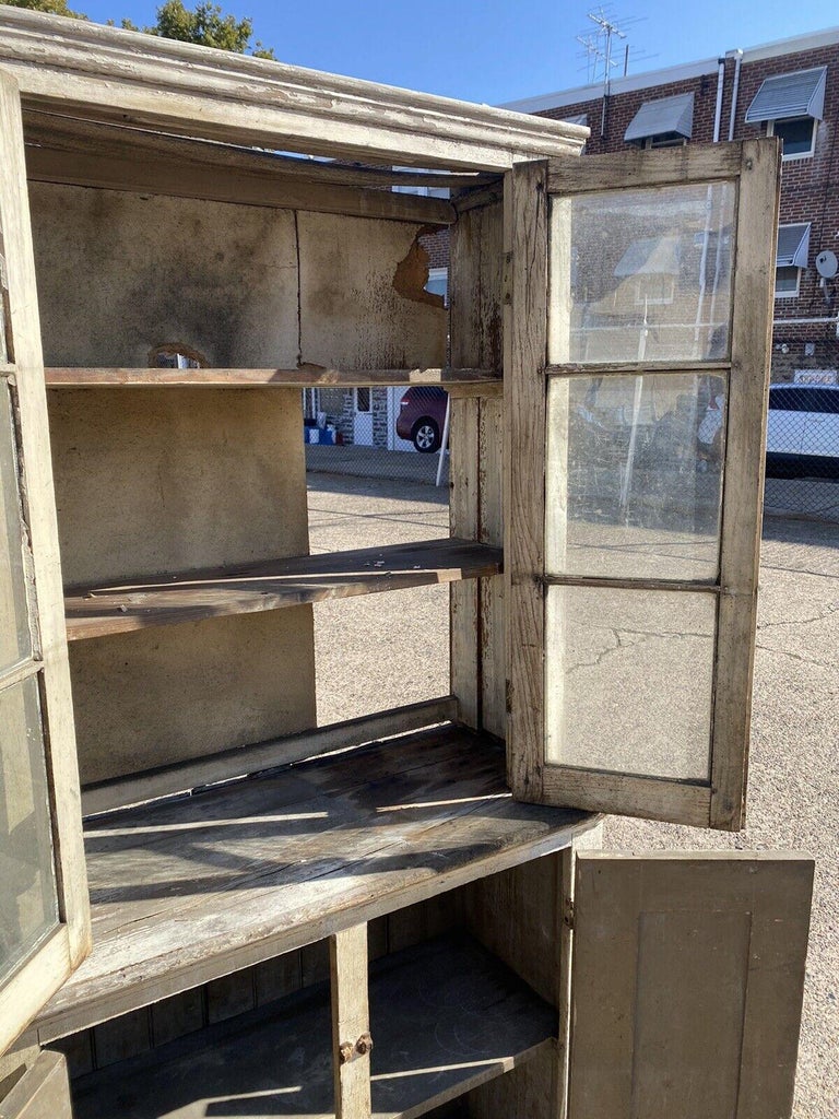 American Primitive Country White Distress Painted Pantry Cupboard Hutch ...