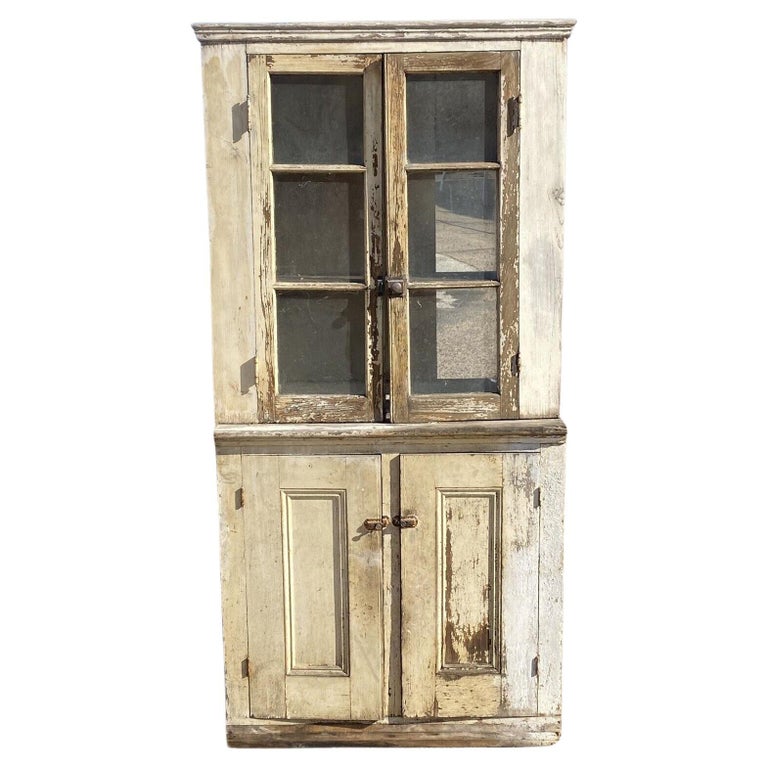American Primitive Country White Distress Painted Pantry Cupboard Hutch ...