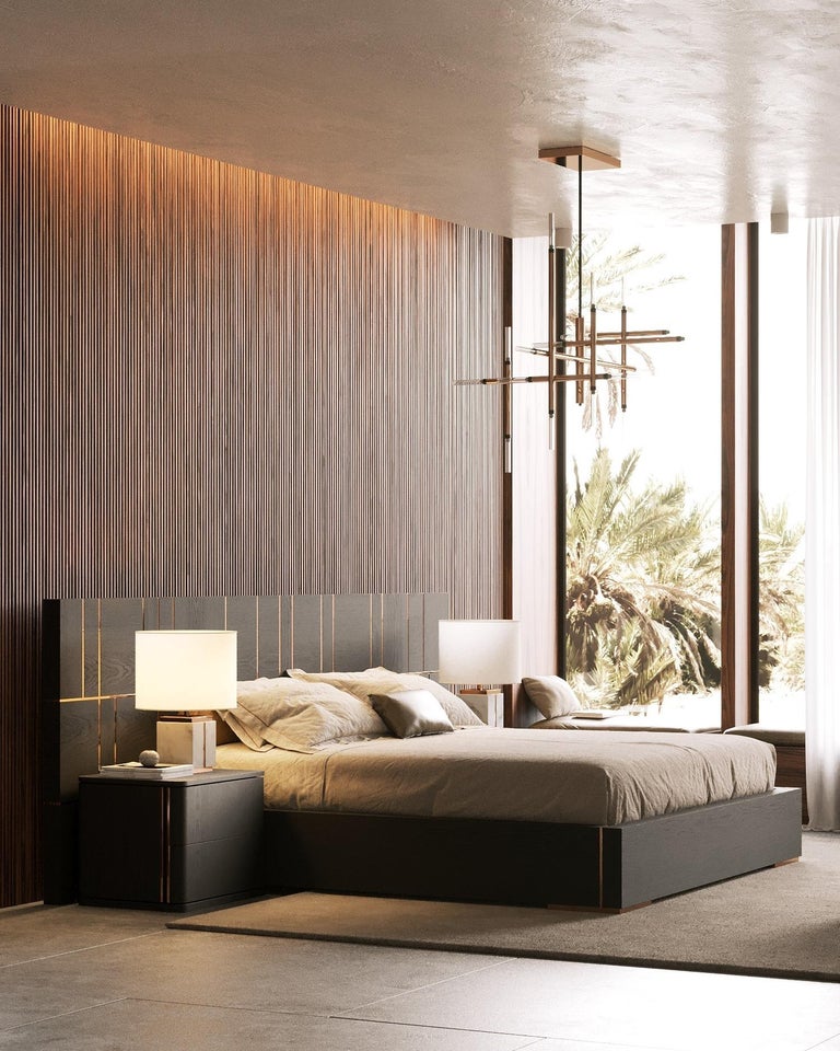 American Queen Size Bed with Oversized Headboard in Wood Veneer and ...